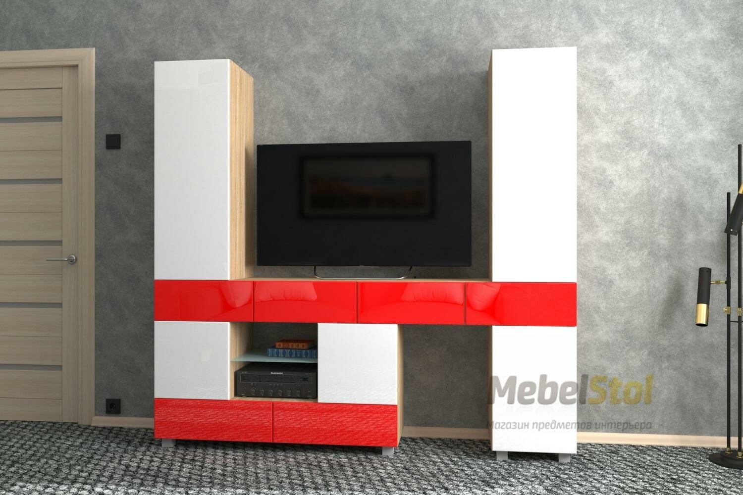 Стенка для гостиной Мебелеф «Мебелеф-14» Белый / красный Размеры: Высота 1890мм Глубина 400мм Ширина 2002мм
