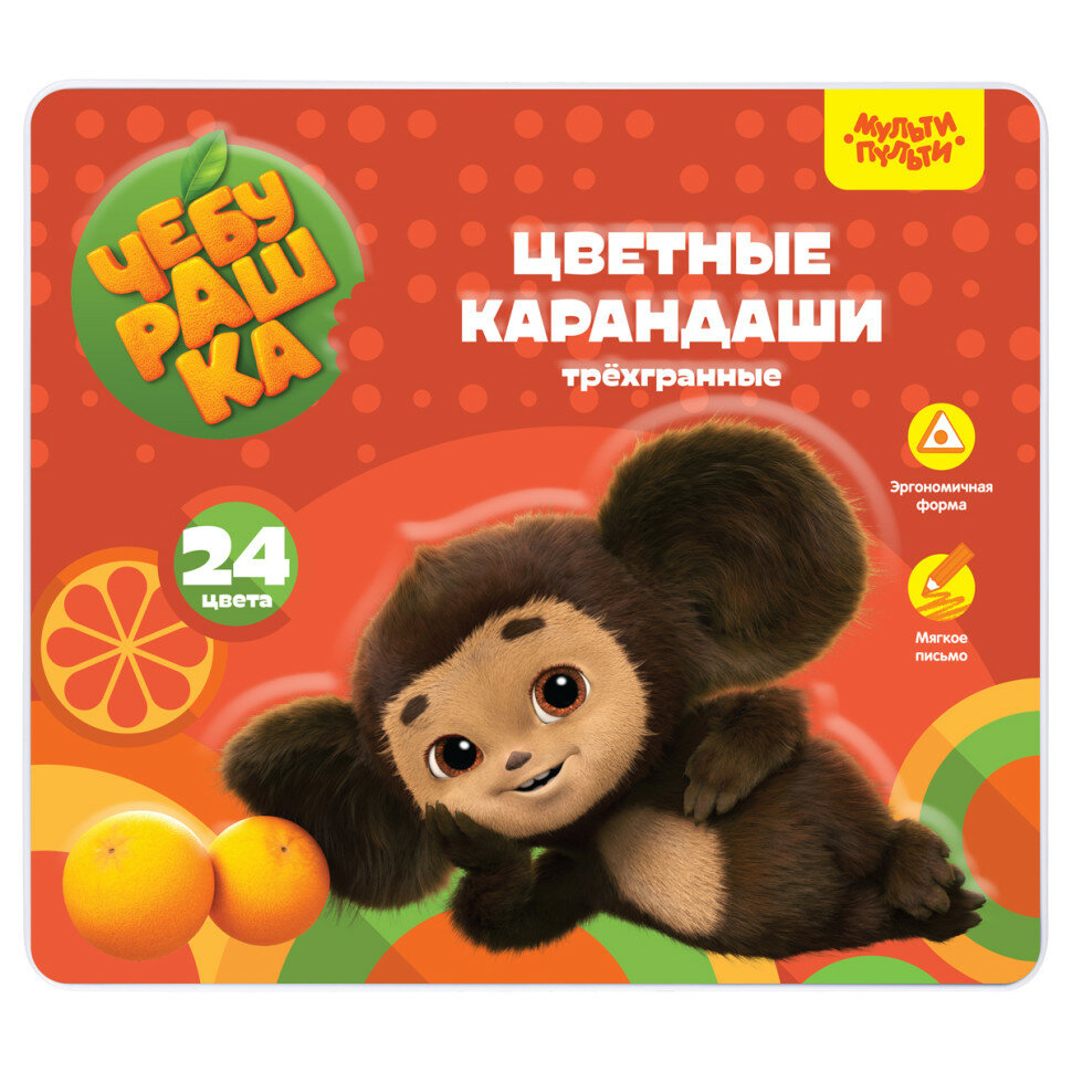 Карандаши цветные Мульти-Пульти "Чебурашка", 24цв, трехгран, заточен, метал. пенал, 357203