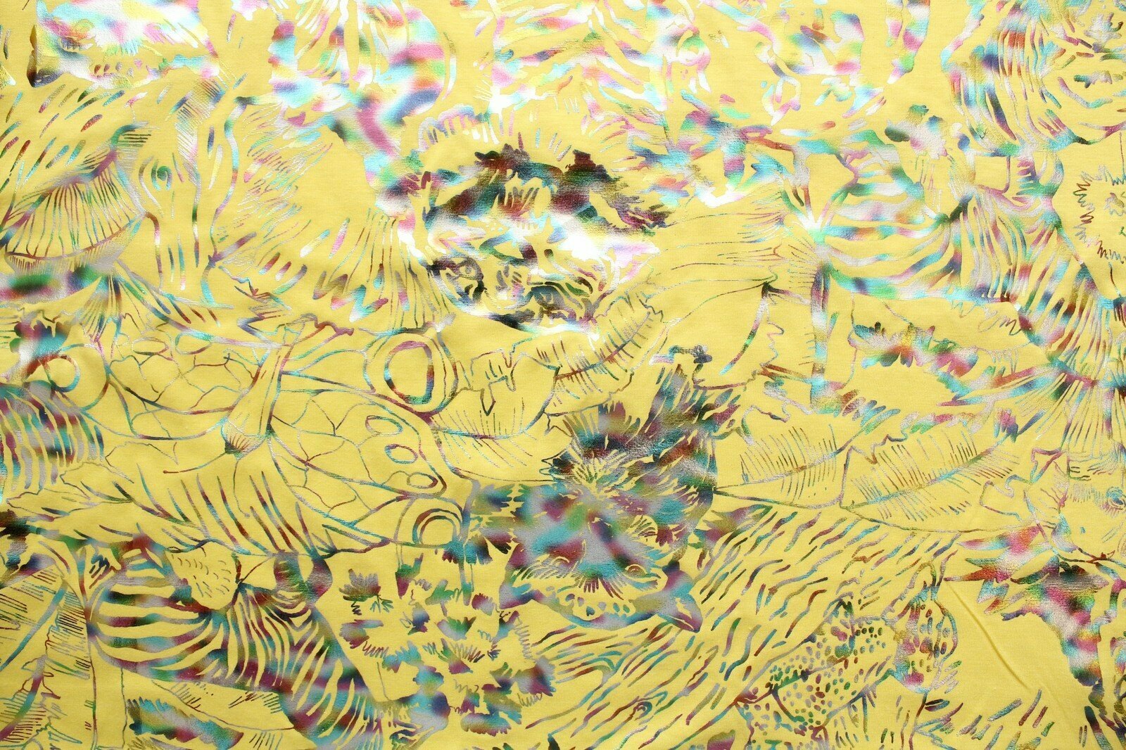 Ткань Трикотаж-хлопок стрейч с голографическим напылением на лимонно-жёлтом фоне, ш136см, 0,5 м