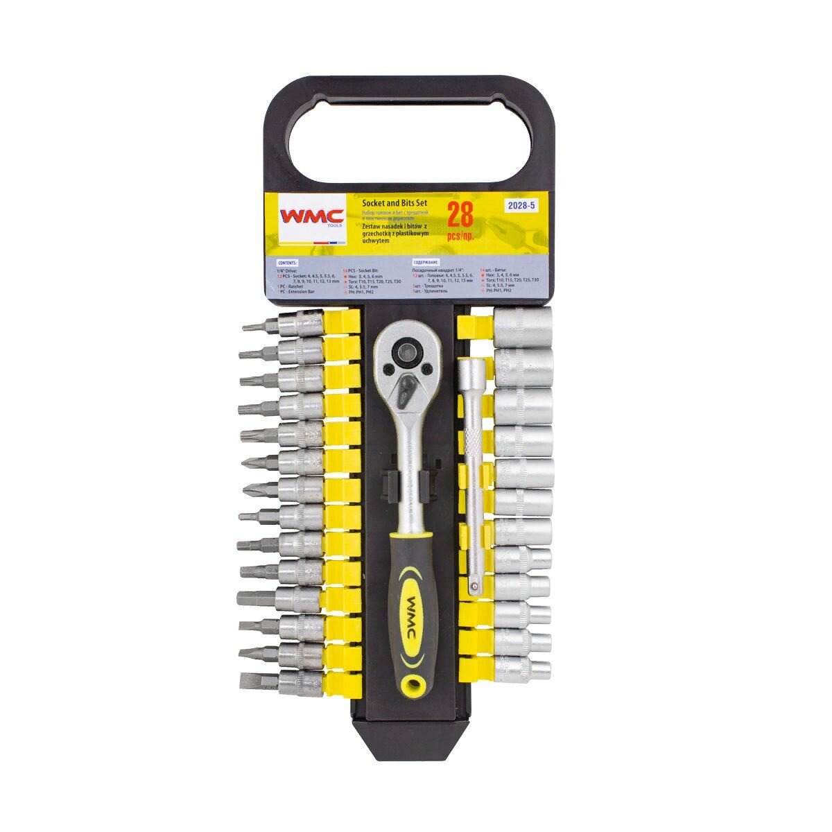 Набор инструмента из торцевых головок и бит WMC-2028-5: с трещоткой 1/4' 28 пр. в пластиковом держателе WMC TOOLS