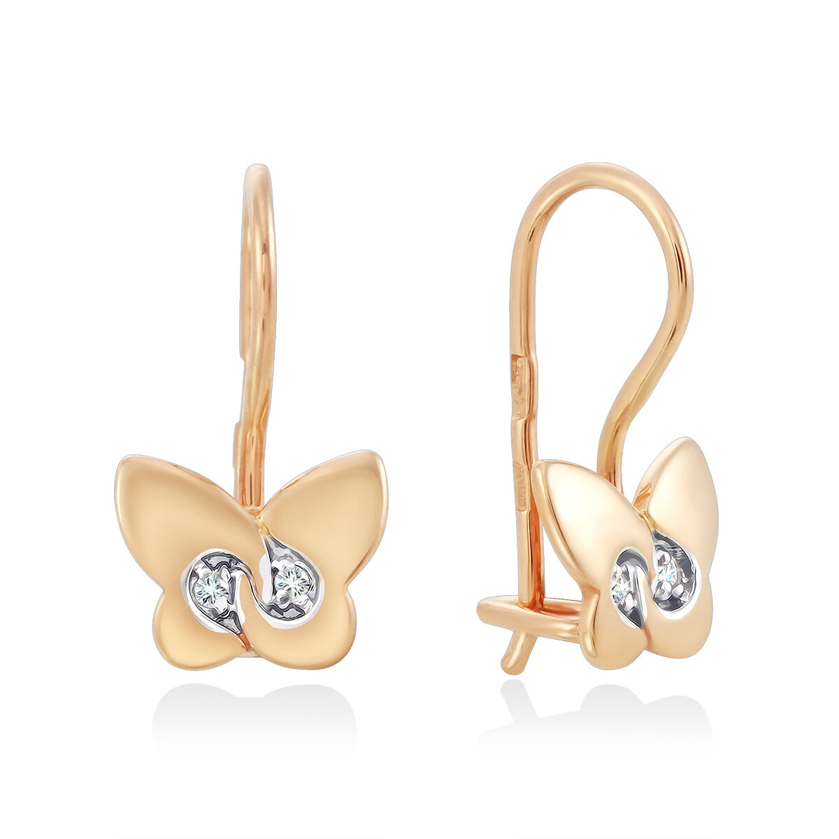 Серьги двусторонние, красное золото, 585 проба, фианит