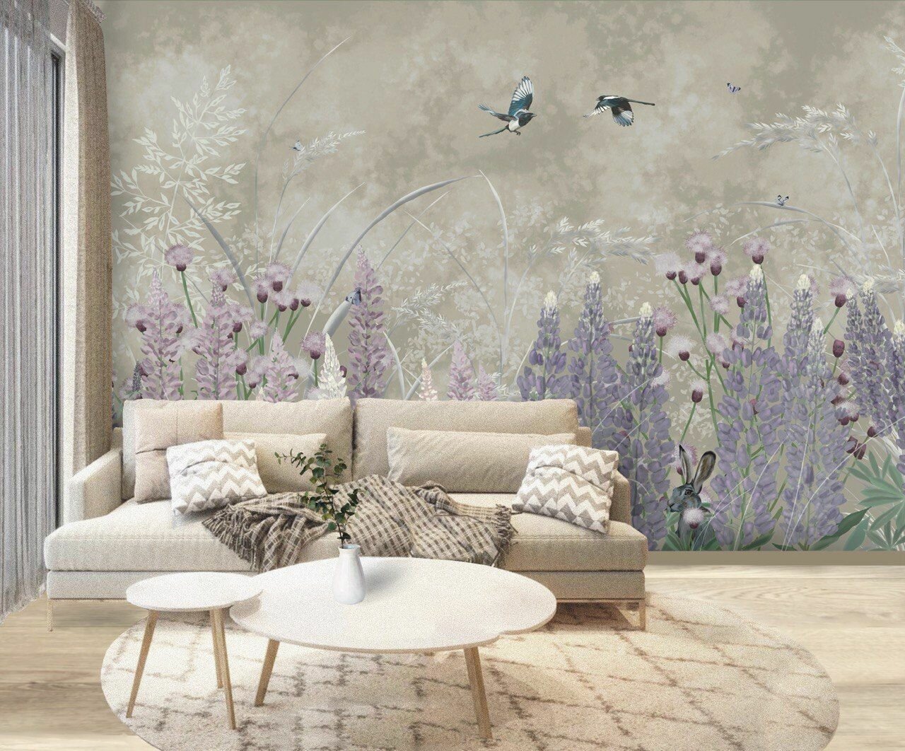 Фреска бесшовная "Акварельные люпины" бежевый (ширина 2750мм х длина 3500мм)