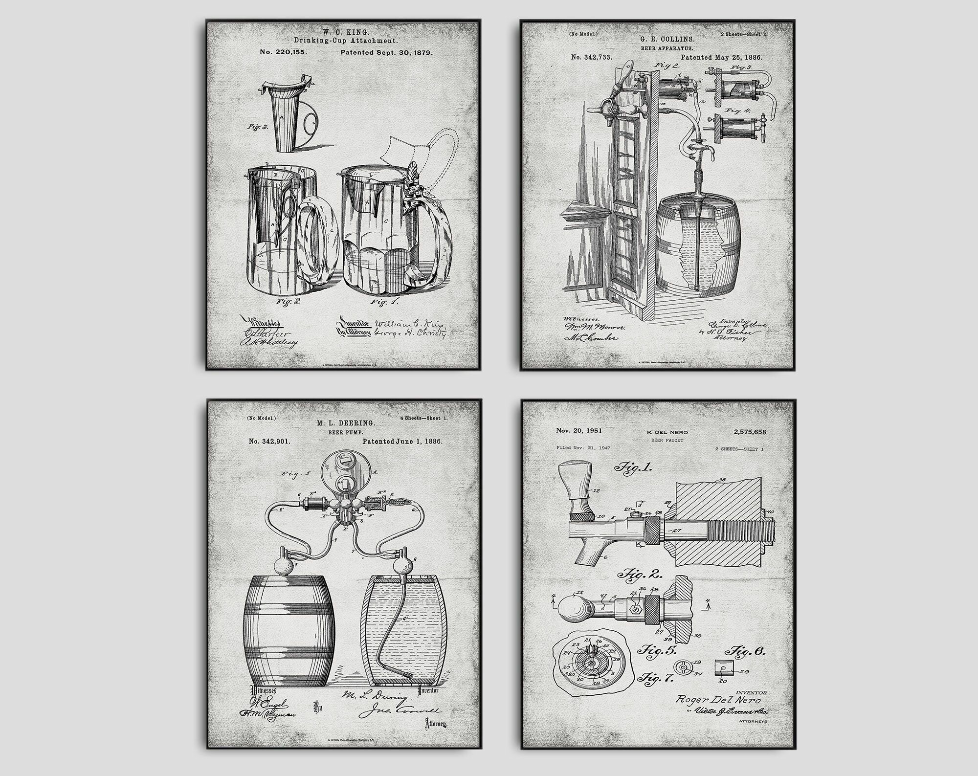 Набор старинных патентов "Пиво - Пивная Бочка для бара" размер А4, без рамы