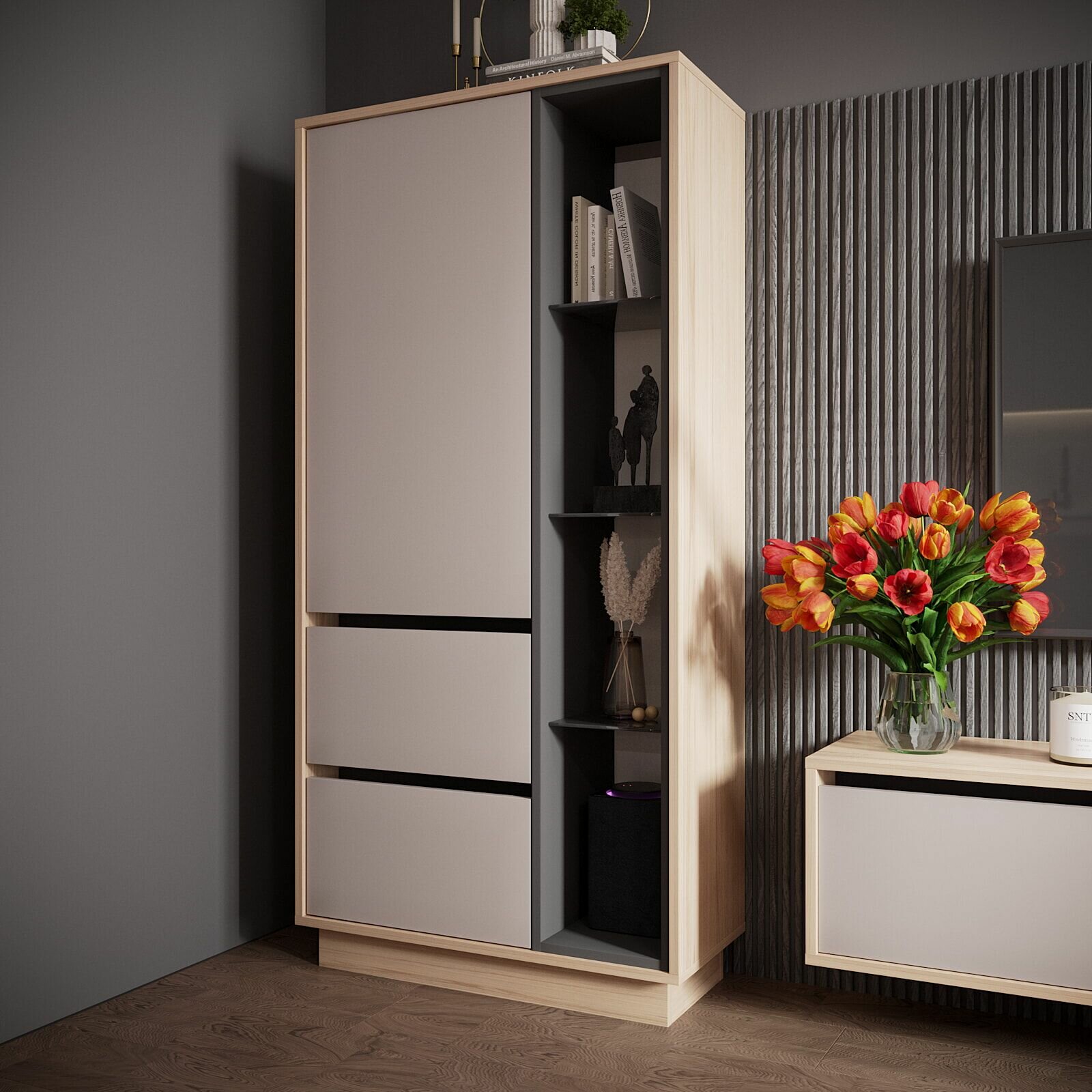 Пенал Рэя 5.1 (туя светлая/кашемир) 720х320х1500 мм, ЛДСП с ящиками