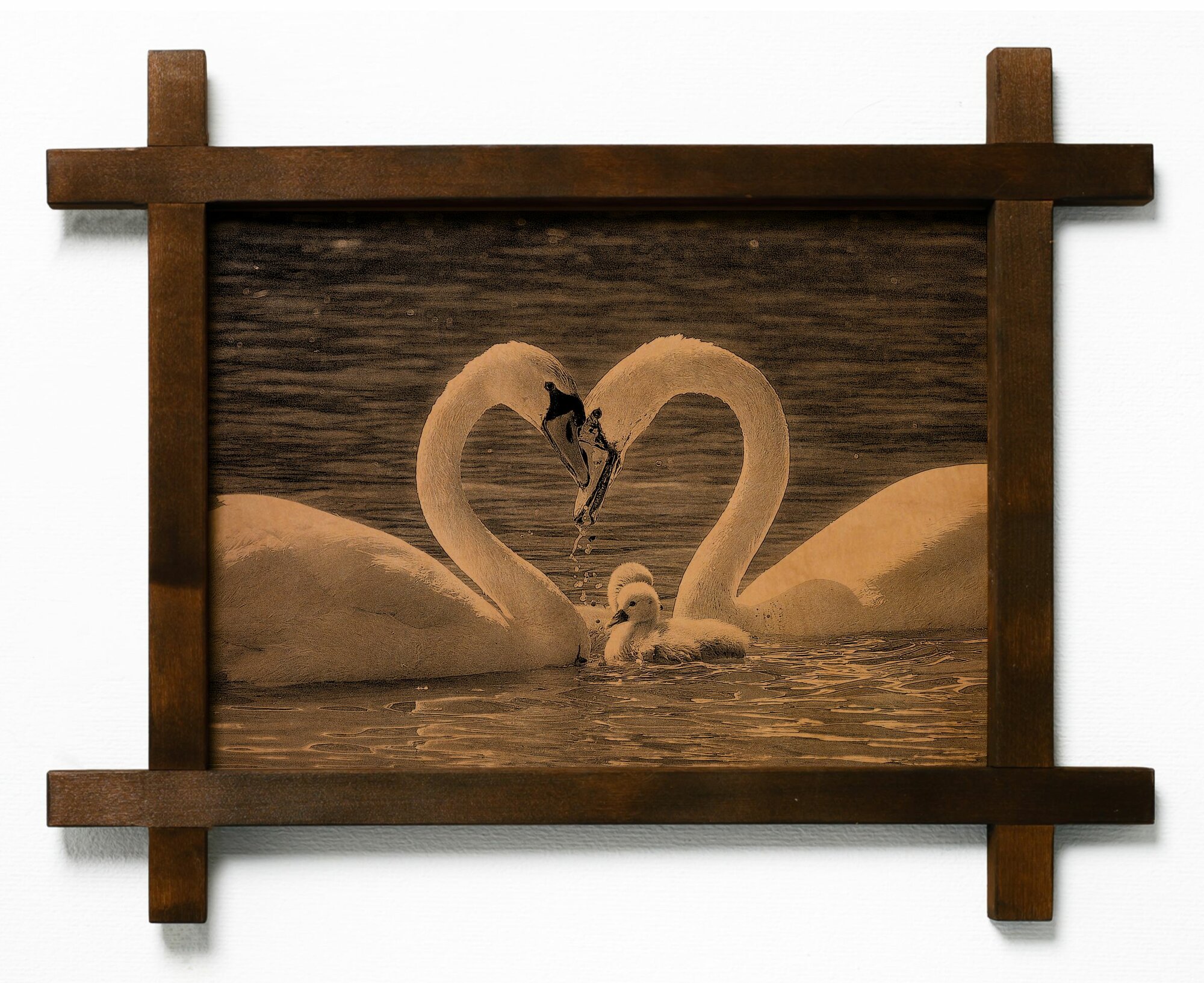 Картина интерьерная, натуральная кожа, "Лебеди", в деревянной раме, BoomGift