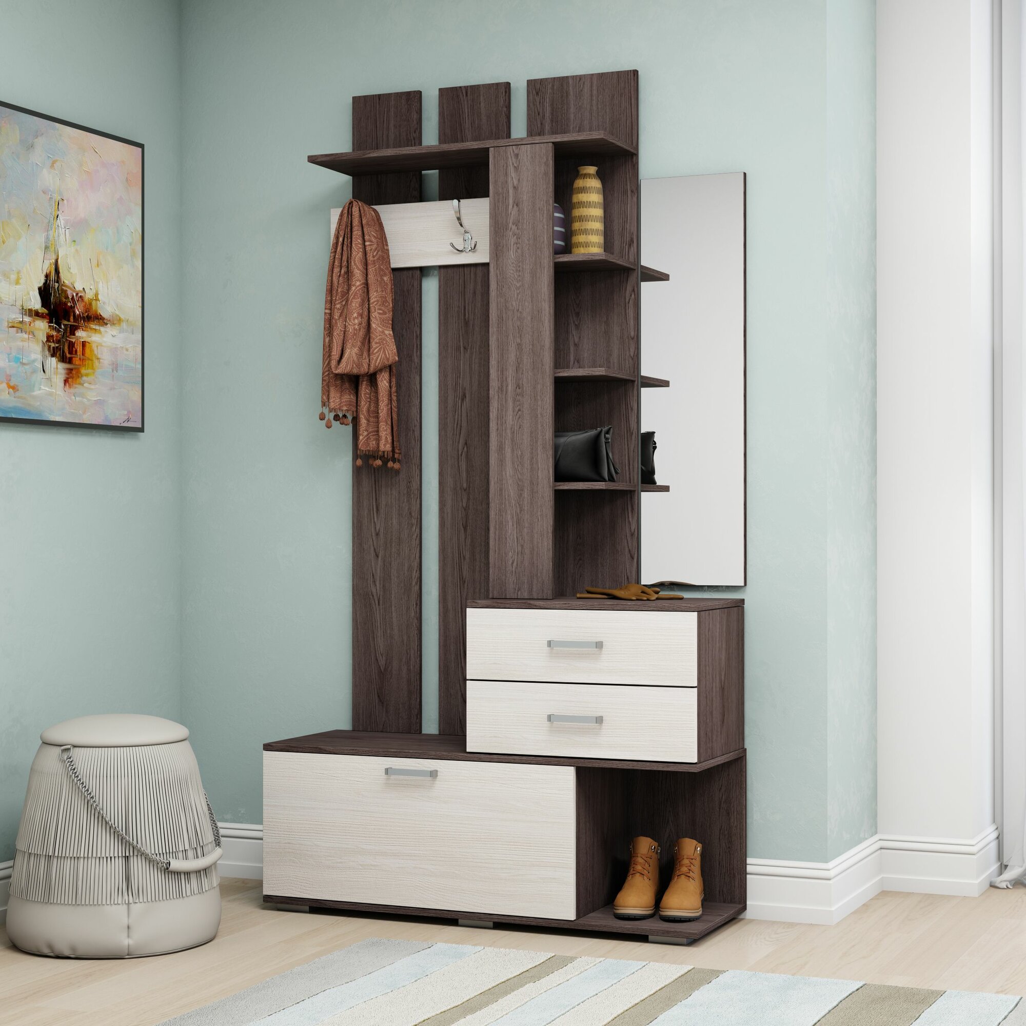 Прихожая Бриз-1 от Астрид-Мебель, с зеркалом, обувницей, 2 ящиками и вешалкой, 110x202x36 см. Анкор темный/Анкор белый