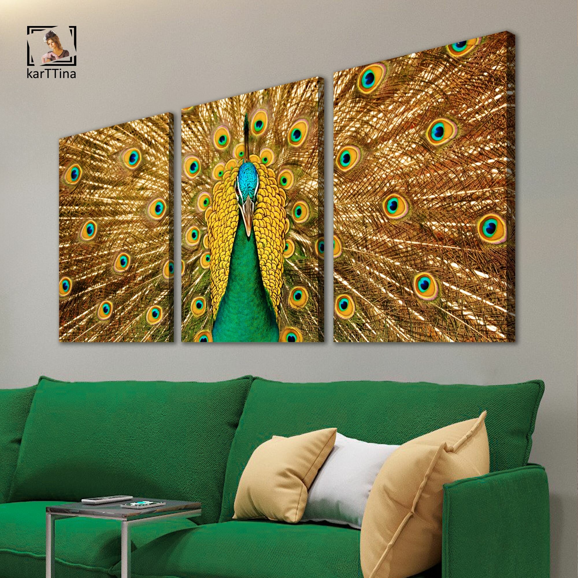 Картина на стену, интерьерная "Павлин золотистый", 150 см х 70 см