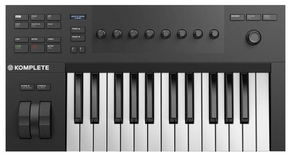 MIDI клавиатура [25230] Native Instruments [KOMPLETE KONTROL A25] 25 клавиш, полувзвешенная, 8 ручек управления, колеса высоты тона и модуляции, 4-позиционный энкодер, OLED-дисплей, TRS-вход для педали, USB-порт