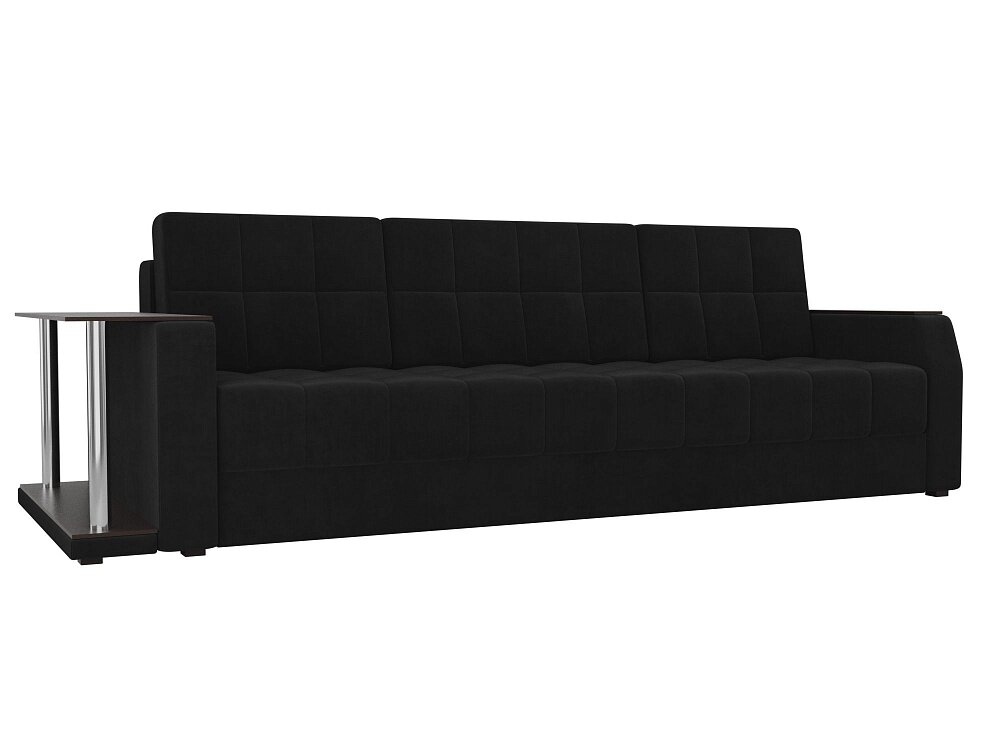 Прямой диван Атлант со столиком Черный Велюр, еврокнижка, 255х101х85 см, с ящиком для белья