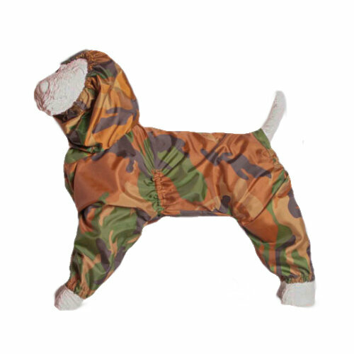 Комплект: Дождевик-комбинезон+Снуд (шапка) для английского кокер-спаниеля кобеля, повышенной прочности, цвет зеленый камуфляж