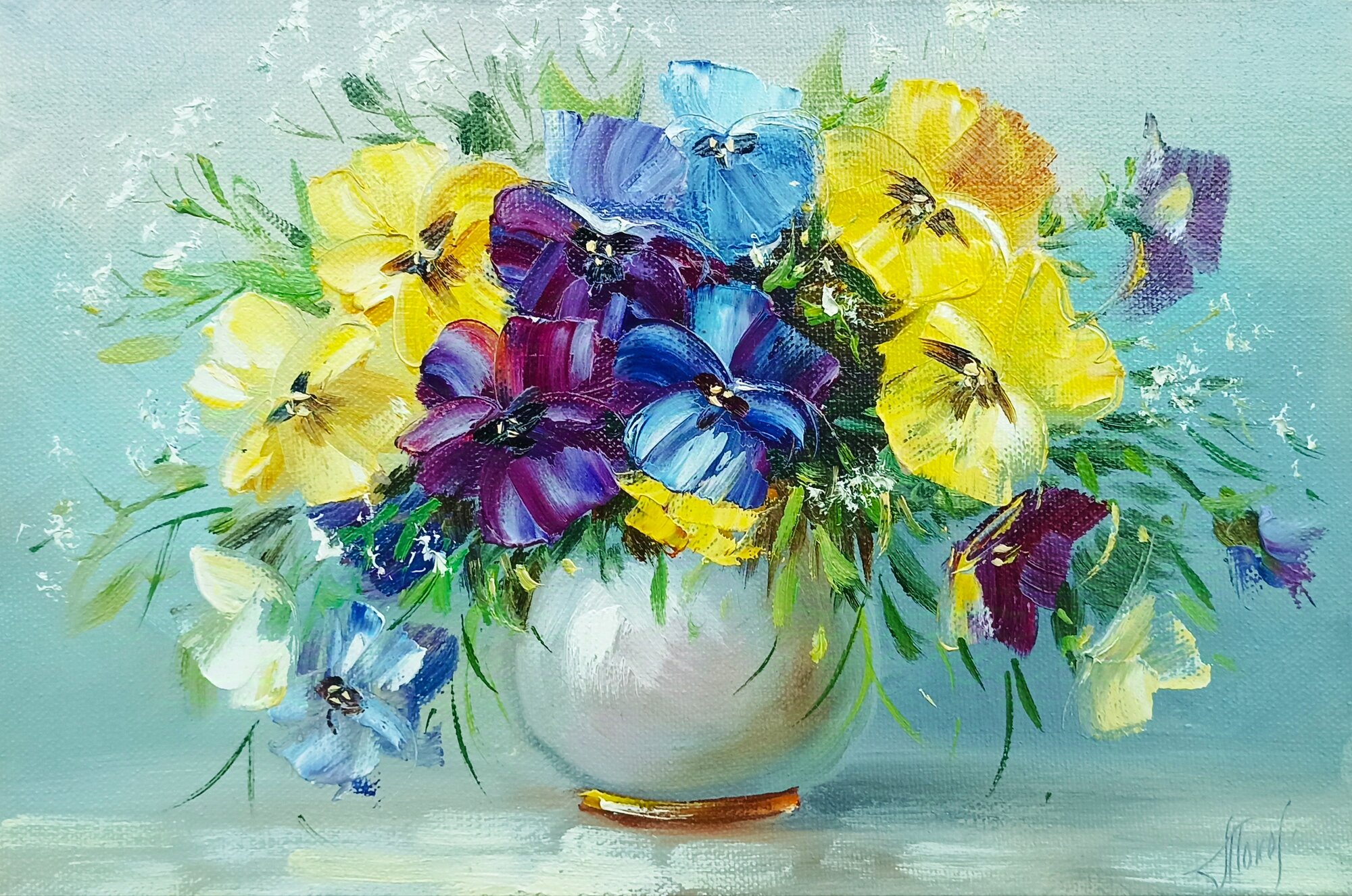 Живопись. Масло/холст. 100% ручная работа. Худ. мастерская Грëзы. Букет цветов. Анютины глазки. 20х30 см