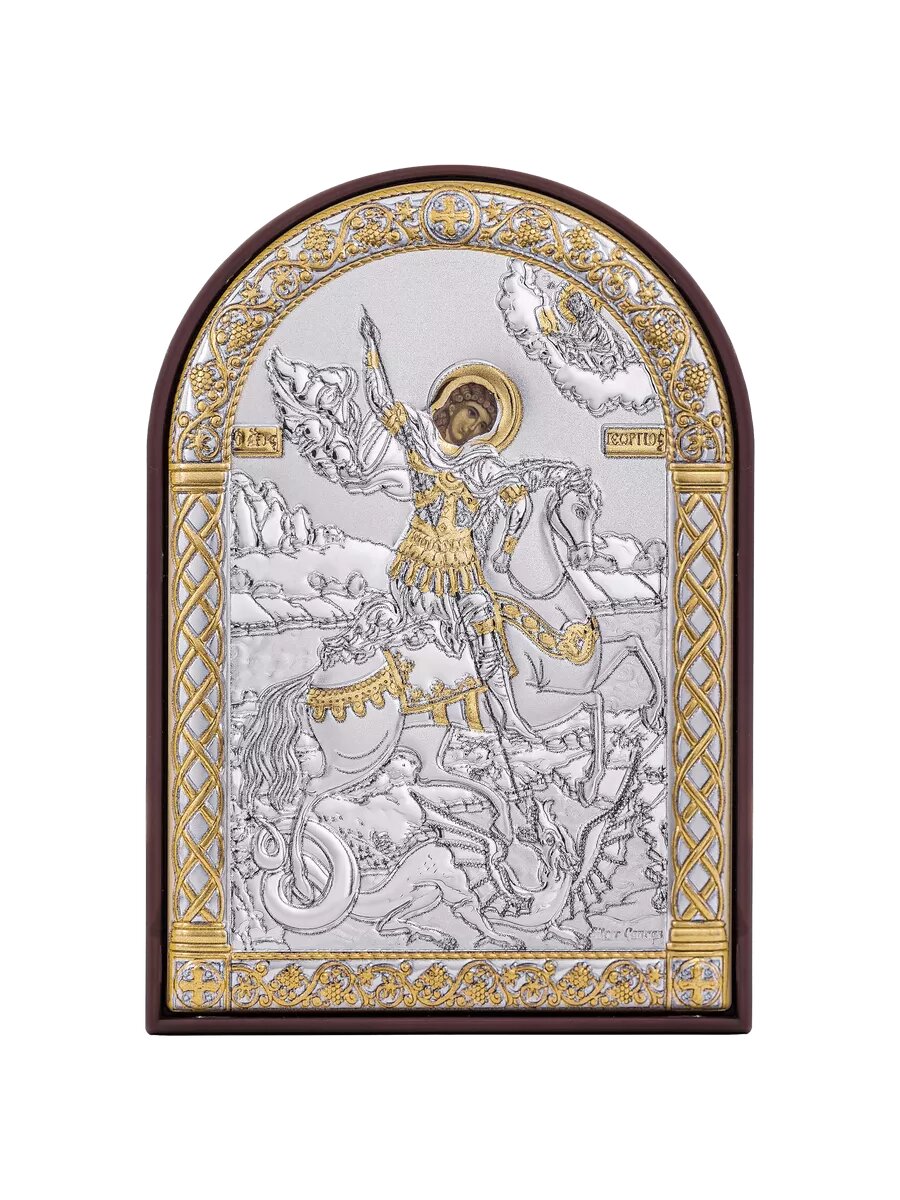 Икона серебряная, греческая Георгий Победоносец, 48х66мм.