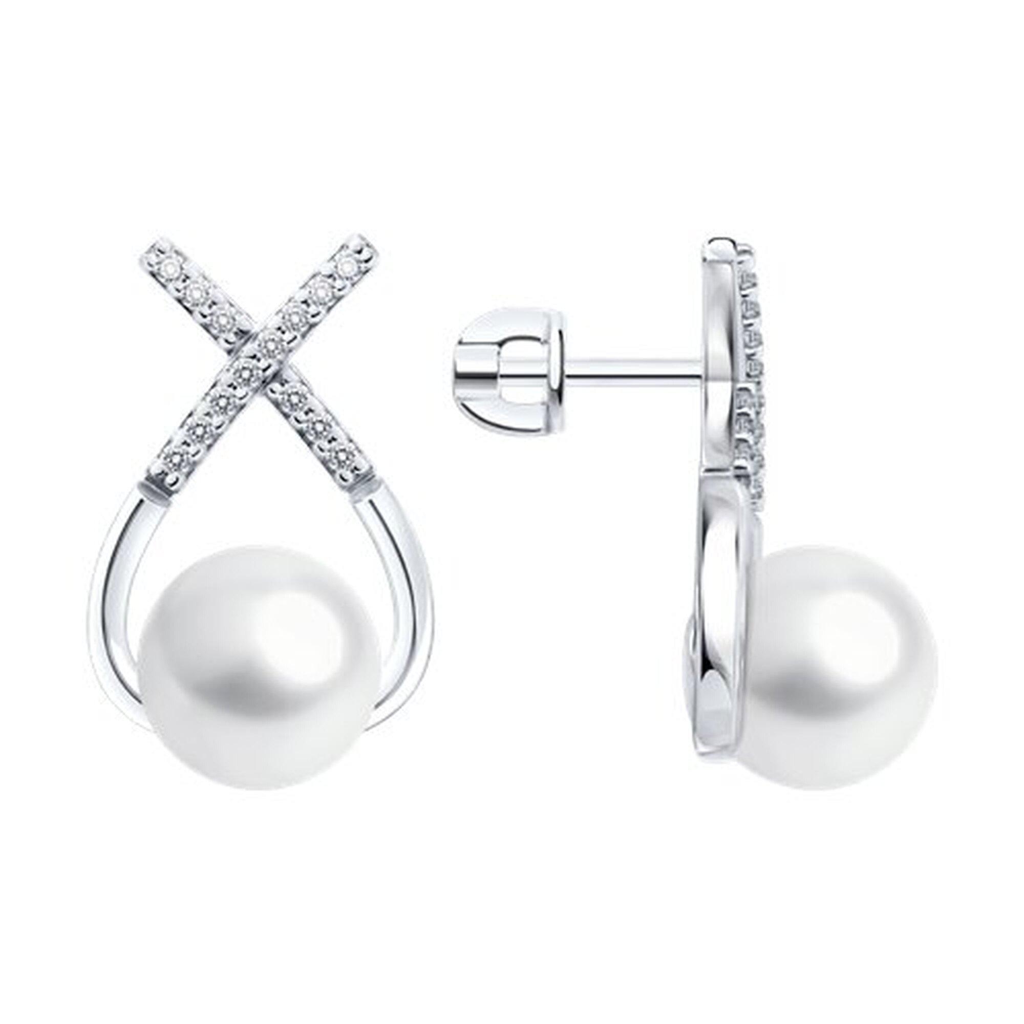 Серьги пусеты, серебро, 925 проба, родирование, жемчуг, фианит