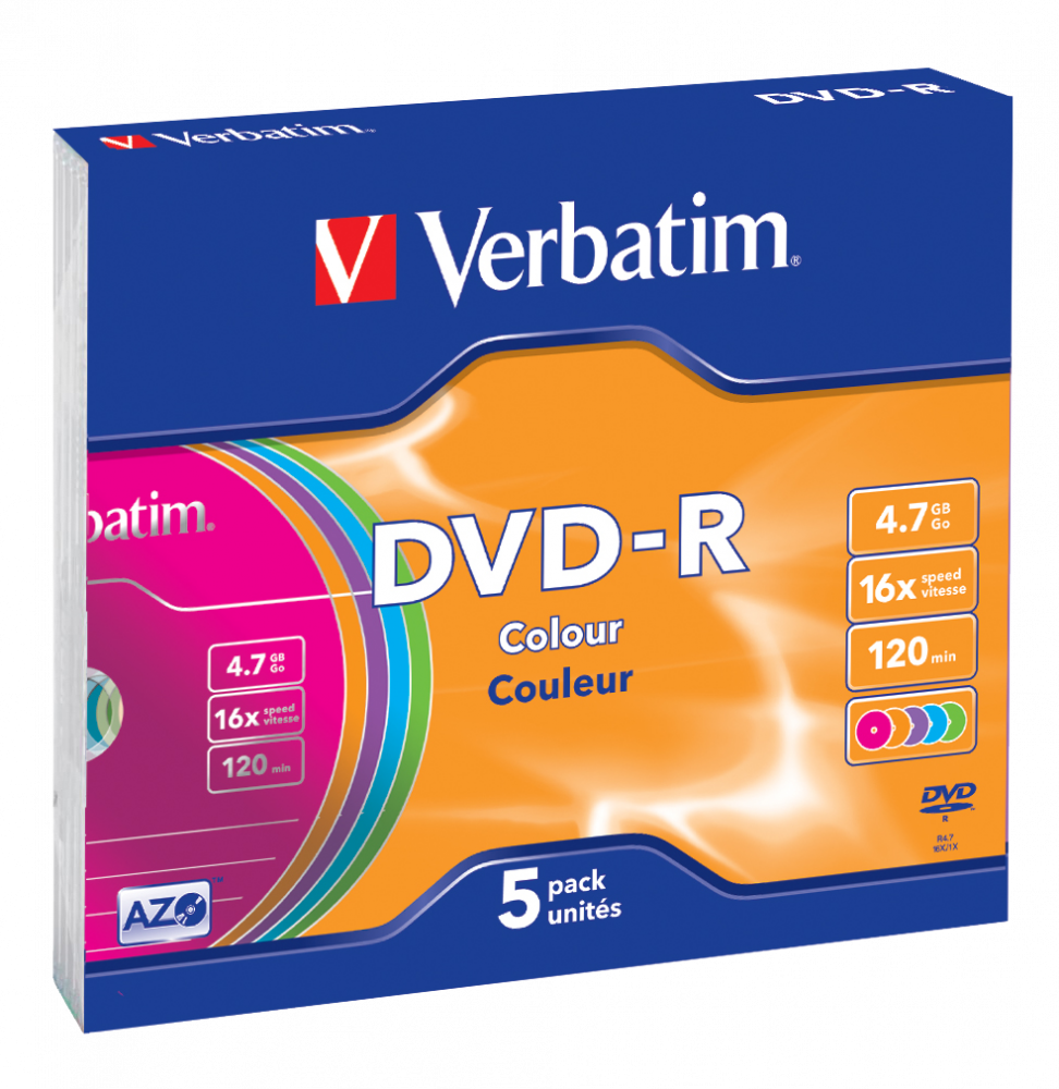Оптический диск Verbatim DVD-R 4.7GB 16X AZO Color, Slim Case, 5 шт