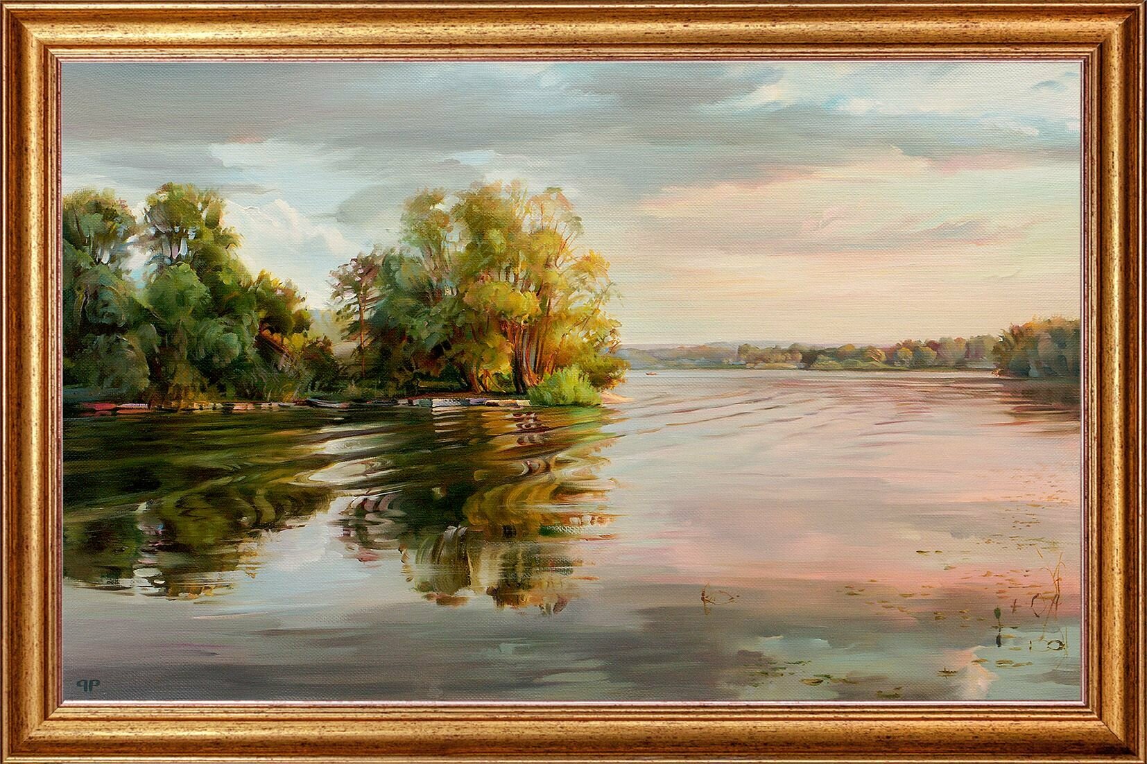 Картина на холсте, "Вечер на Волге", 60х40 см, художник - Романов Роман. Холст на деревянном подрамнике, оформлена в багет, Арт. РР-х18