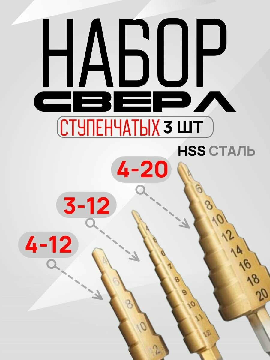 Набор ступенчатых сверл 3-20 3шт
