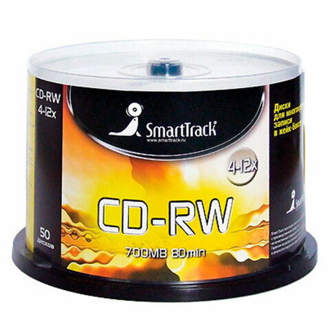 Диски CD-RW SMARTTRACK, 700 Мб, 4-12x, Cake Box (упаковка на шпиле), комплект 50 шт, ST000200