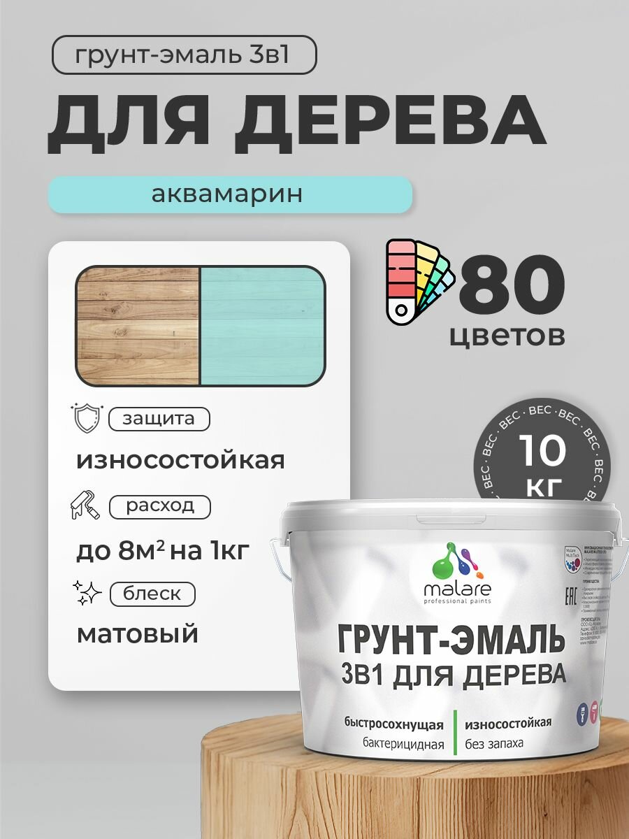 Акриловая Грунт-Эмаль 3 в 1 Malare для деревянных поверхностей/ краска по дереву с антисептическим эффектом/ быстросохнущая моющаяся без запаха матовая, аквамарин, 10 кг