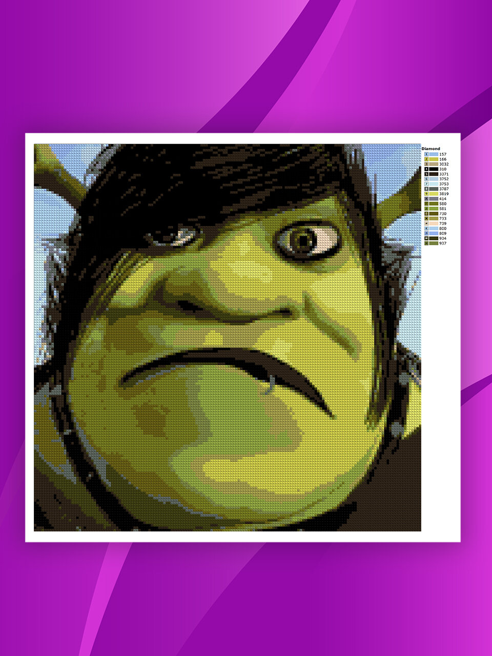 Алмазная мозаика без подрамника - вышивка Шрек мем панк 40 х 40 см