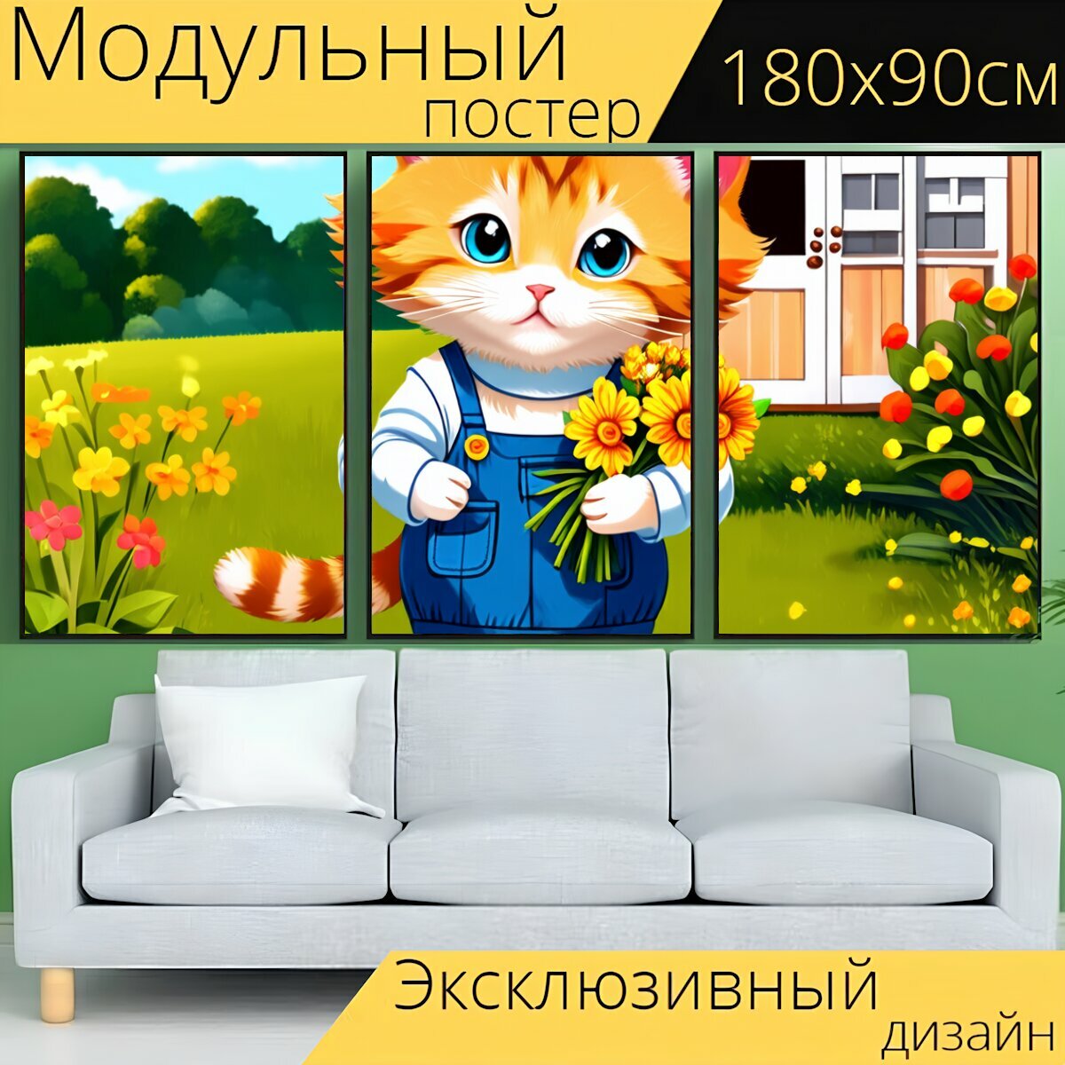 Модульный постер "Стиль детская иллюстрация, Кот с рыжей шерстью в садоводческой одежде, стоит на фоне симпатичной дачи. Он дачник, он." 180 x 90 см. для интерьера на стену в тубусе