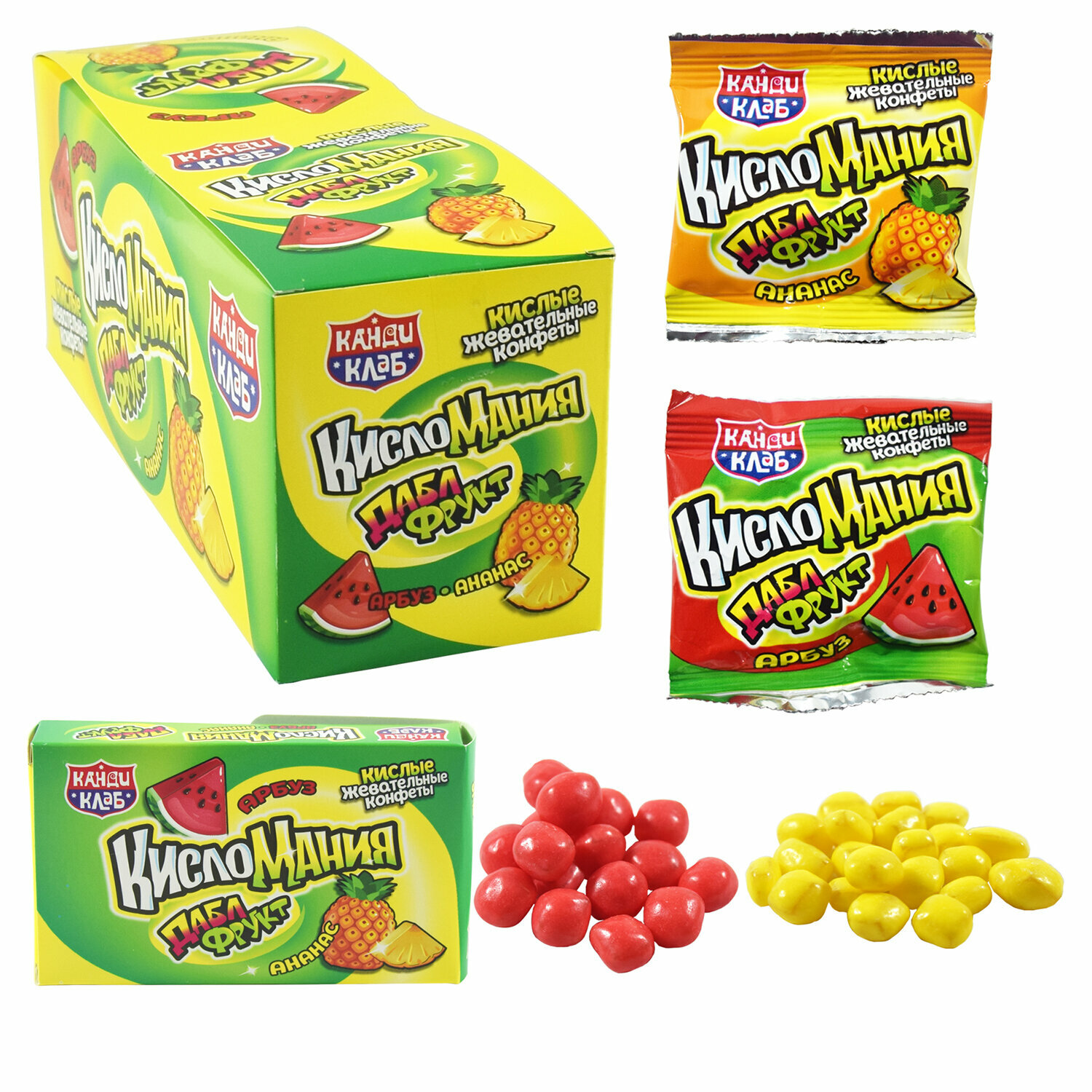Жевательные конфеты "Кисломания дабл фрукт" арбуз и ананас, 14 г, канди клаб, CHW041 (упаковка 30 шт.)