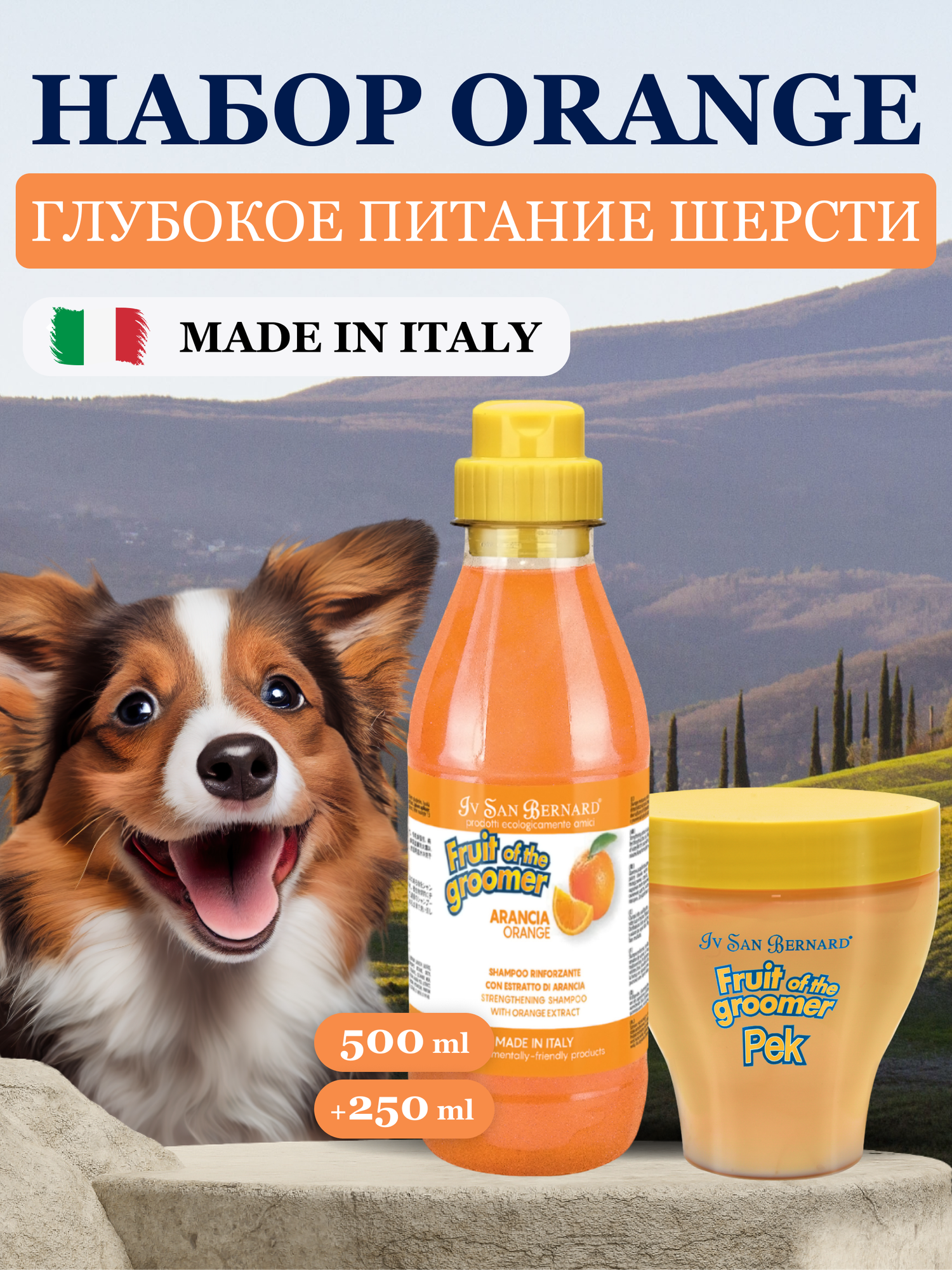 Шампунь для собак и маска Orange для глубокого питания шерсти с протеинами и экстрактом шёлка, Iv San Bernard, Италия