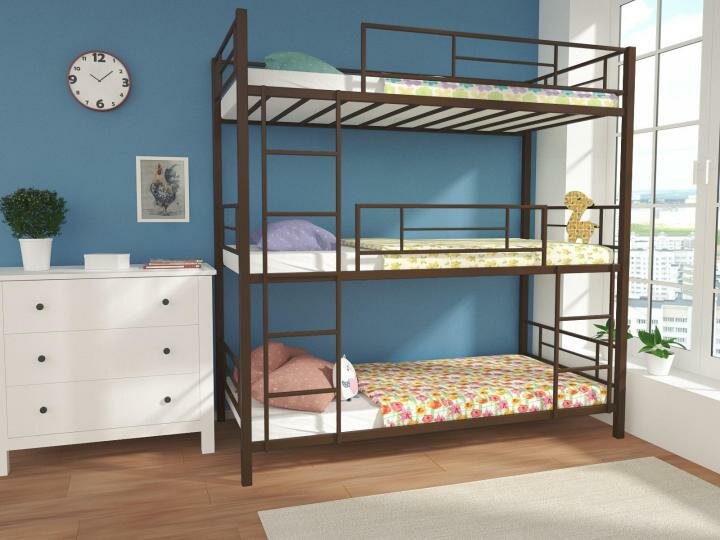 Кровать трехъярусная Мебель-Друг "Валенсия", металл, с бортиком, коричневая, 90x190х220 см