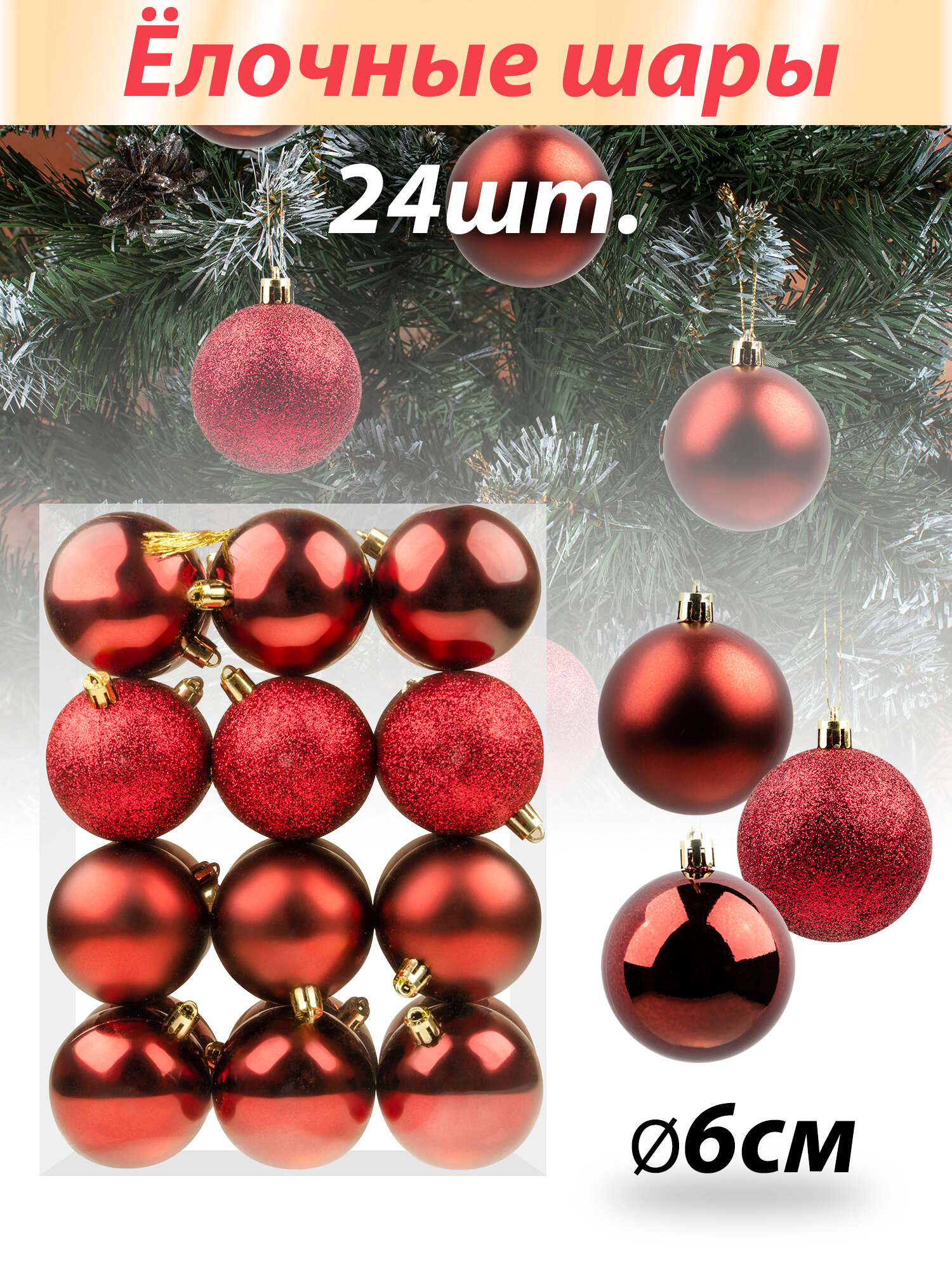 Новогодние игрушеки 169-NB / Пластиковые Елочные шары / 24 шт.