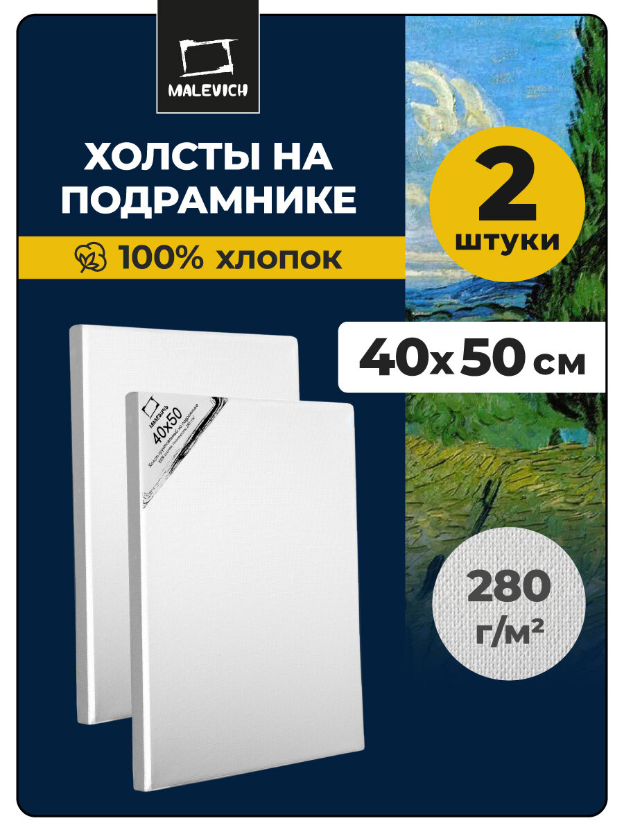 Набор холстов на подрамнике Малевичъ, хлопок 280 г, 2 шт. 40х50 см
