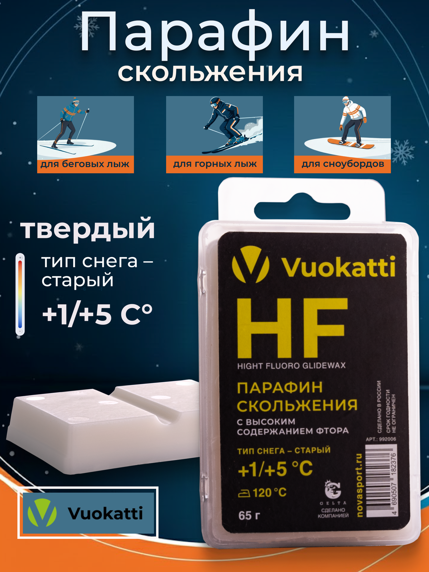 Парафин для лыж сноубордов VUOKATTI HF +1С/+5С твердый воск с фтором 60 грамм