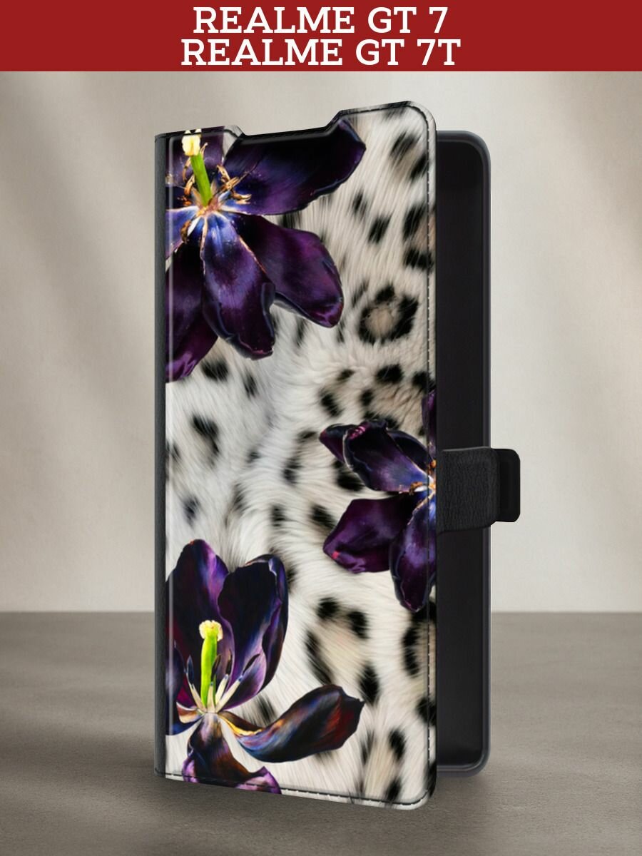 Чехол-книжка на Realme GT 7/GT 7T / Реалми GT 7/GT 7T с принтом Темные лилии на леопардовом, черный