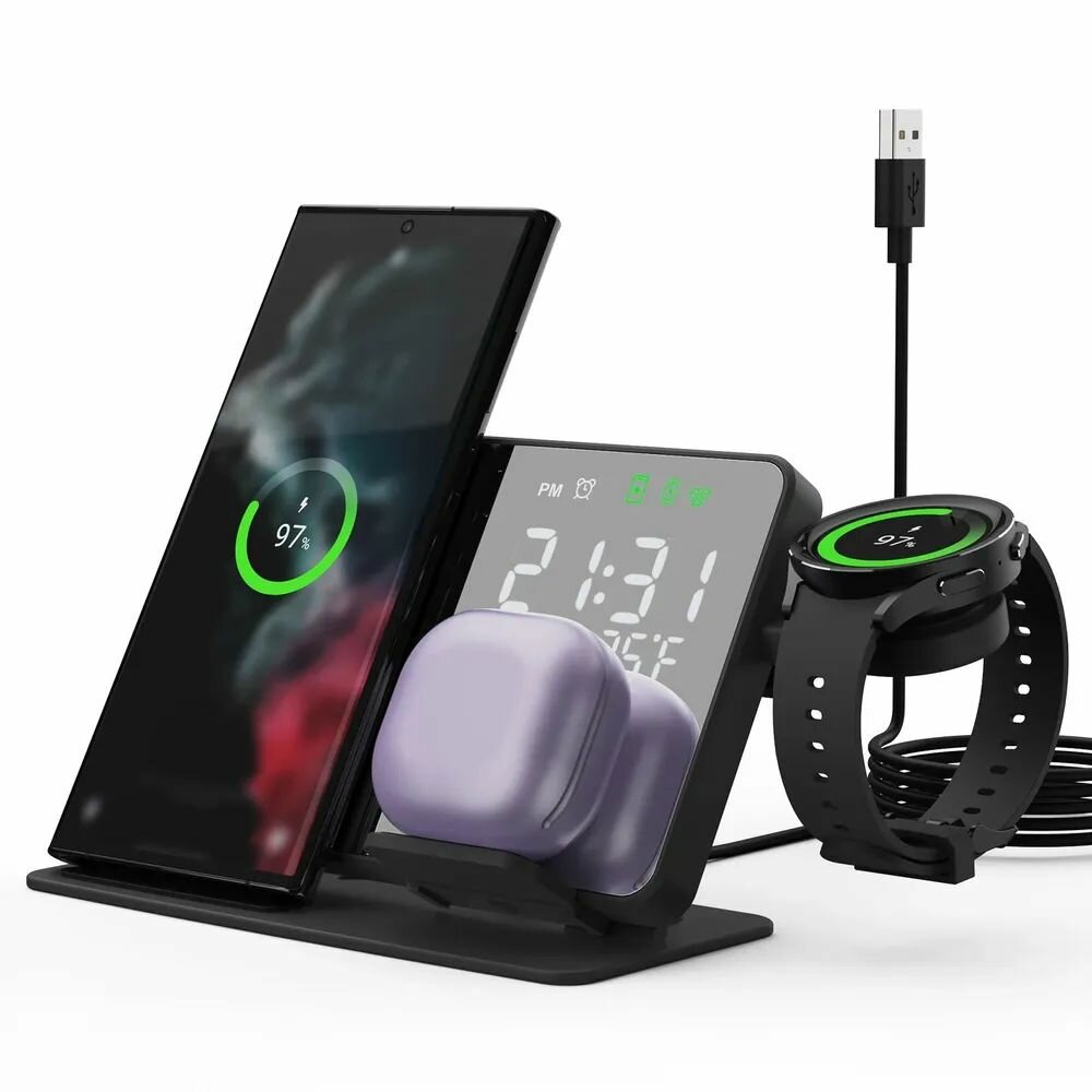 Беспроводное зарядное устройство 4 в 1 для Samsung Galaxy S24 S23 Сверхбыстрая зарядная док-станция для Galaxy Watch 7 6 5 Buds Светодиодный будильник