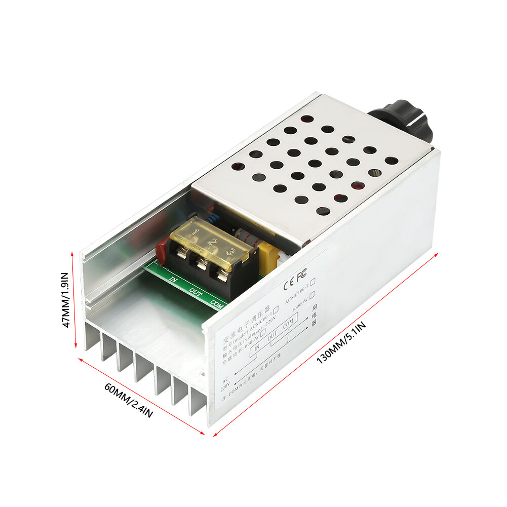 Регулятор напряжения SCR электрический 6000W AC 220V, диммер, регулятор скорости двигателя, контроллер температуры, размер 130x60x47mm, вес 195g, модель SCR BTA41600B, КПД >90%, регулируемое напряжение AC 0~220V, для резистивных нагрузок, филаментных