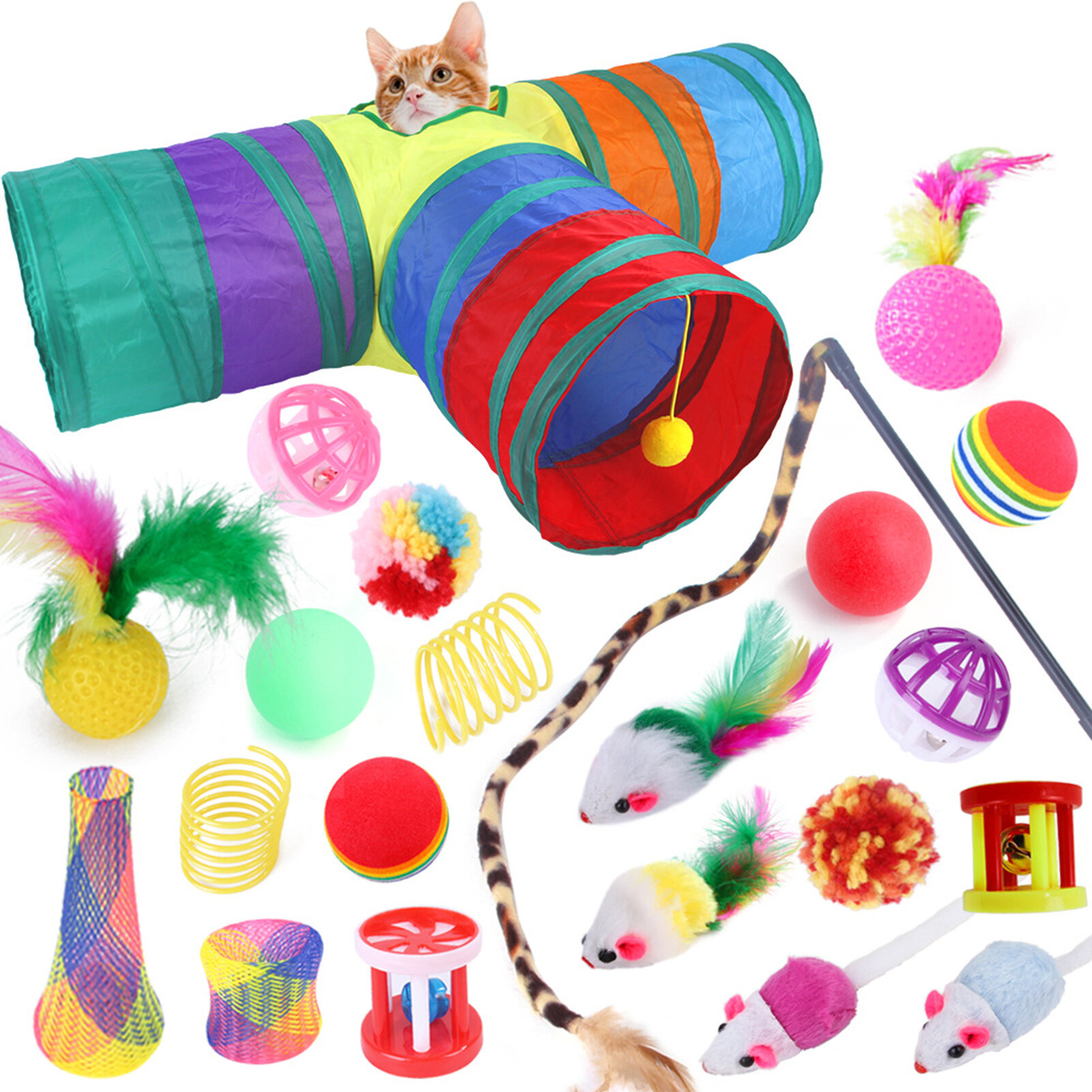 22-компонентный Комплект Игрушек для Pets Tee Tunnels Игрушки Комбинация Кот Ласковая Палочка Радуга Туннель Интерактивная Птица Перо Игрушка Пуховая Радуга Мяч Кот Колокольчик Мяч и т. д. Многоцветный Полиэстер 35*30*6см 372.5г