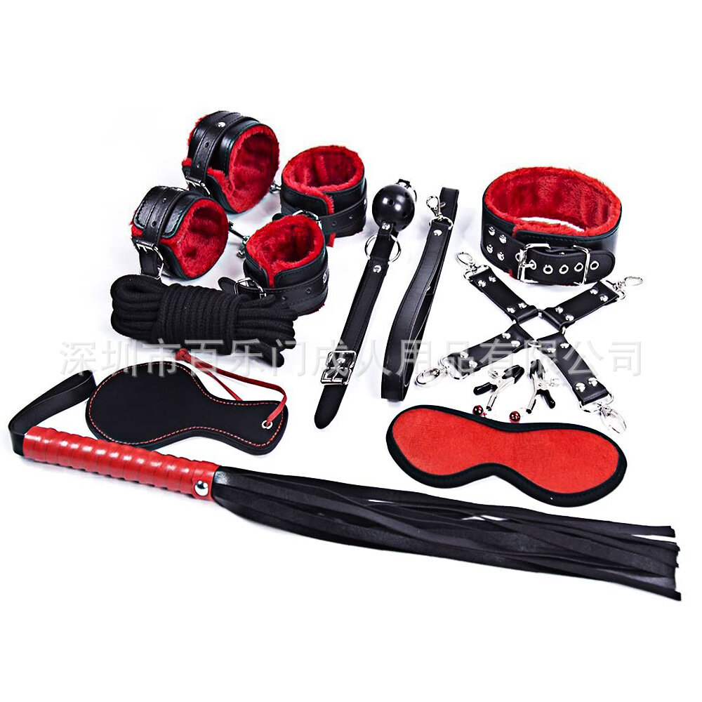 БДСМ эротический кожаный плюшевый костюм из десяти предметов для взрослых, черный и красный костюм из 10 предметов,