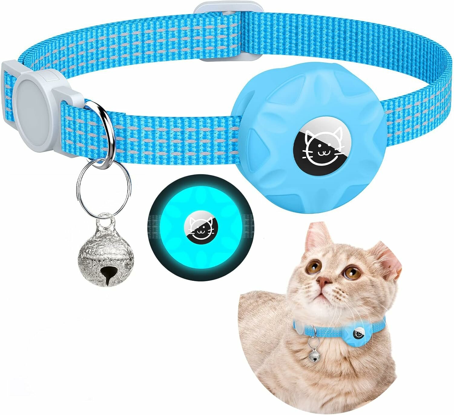 Ошейник для котов AirTag, отражательный ошейник для котят с отключаемым замком, GPS ошейник для котов с кронштейном для AirTag и колокольчиком, легкий трекинговый ошейник для девочек, мальчиков, котов и щенков (светящийся синий), размер регулируемый