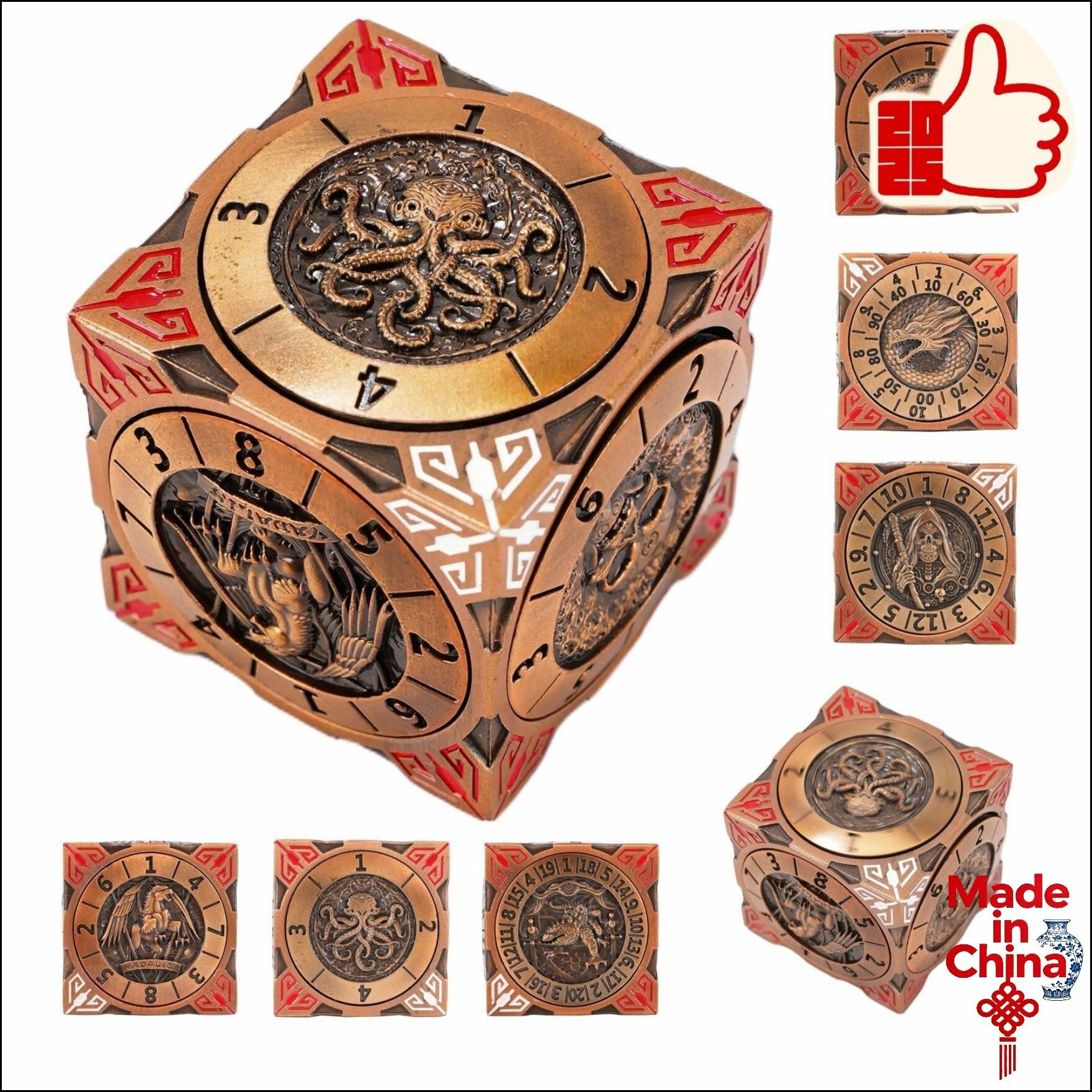 2025 Новые DND Spinner Dice, металлические кубики 7-в-1 с трехмерным облегчением для подземелий и подарков Dragons, многогранных ролевых игровых костей, аксессуаров RPG Fantasy D & D для DM & Player.