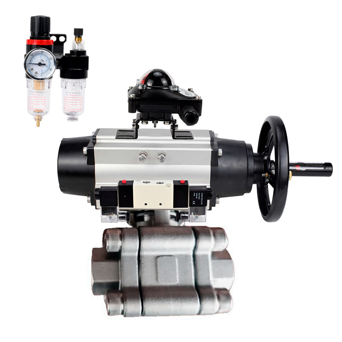 Кран шаровой DN.ru 316-316-PTFE-FP-SW-ISO-H Ду100 Ру63 полнопроходной, корпус - нерж. сталь SS316, под приварку, с пневмоприводом DA-105-1, пневмораспределителем PND1-S2EM-52-2-T10-220VAC, БКВ LSB-210-02NM12-220/24, БПВ APU1-10-40-V08 (опрессовано)