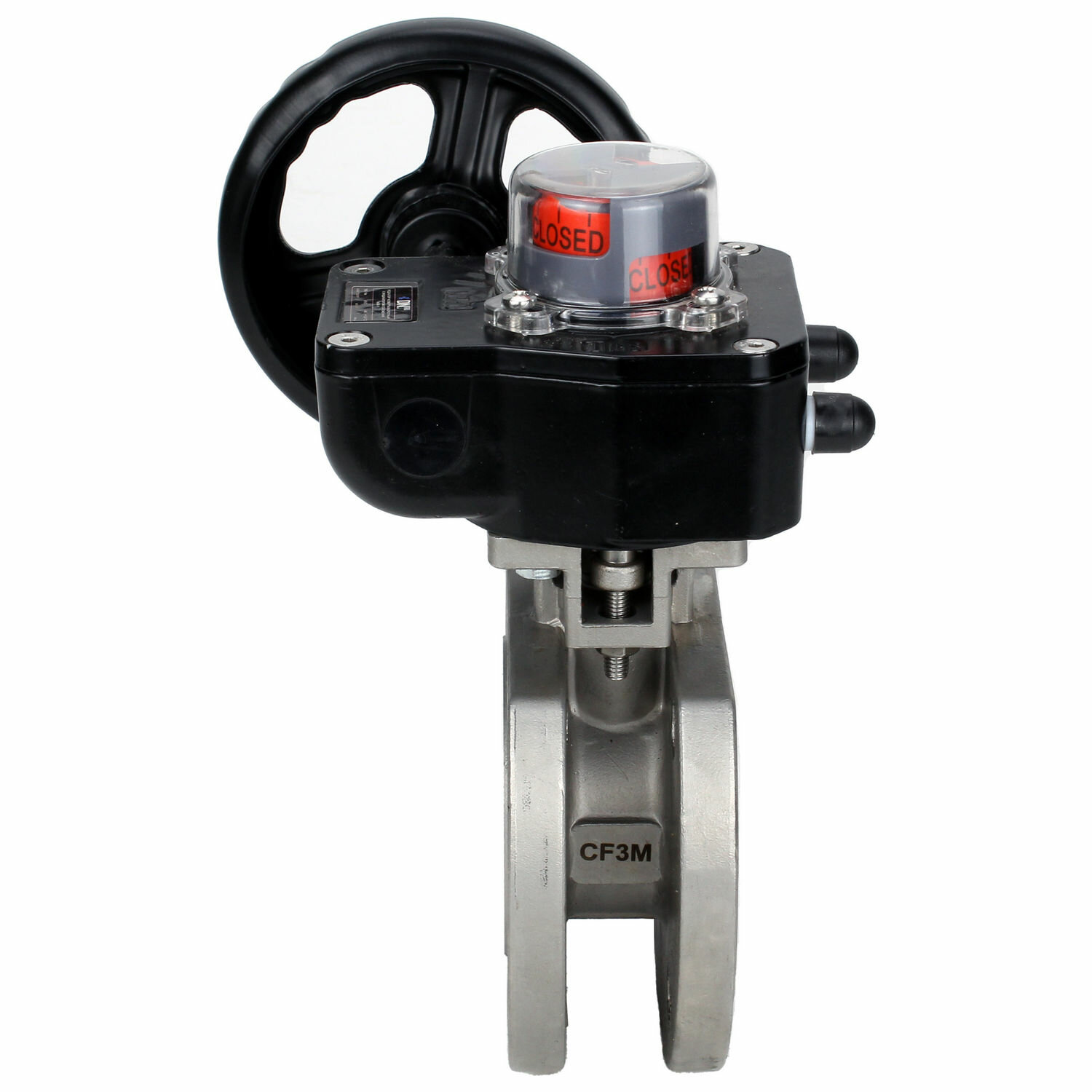 Кран шаровой DN.ru КШмФП.316.200 Ду20 Ру16 полнопроходной двухходовой, нержавеющая сталь 316, межфланцевый, уплотнение - PTFE, с ISO-фланцем и редуктором DN.ru HGB-1 с индикатором положения