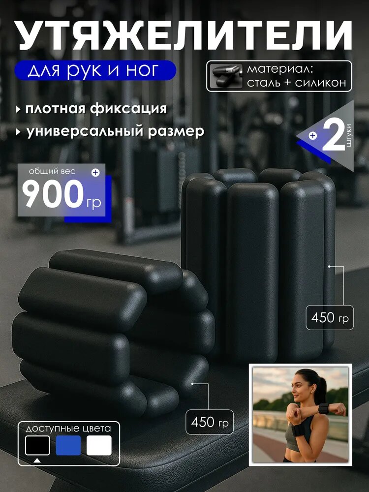 Утяжелители, для ног и рук, фитнес-инвентарь, 900г, черные, 2шт