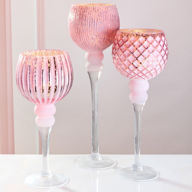 Набор стеклянных подсвечников-бокалов Виндлайт 30-40 см розовый, 3 шт, Boltze, 1015748