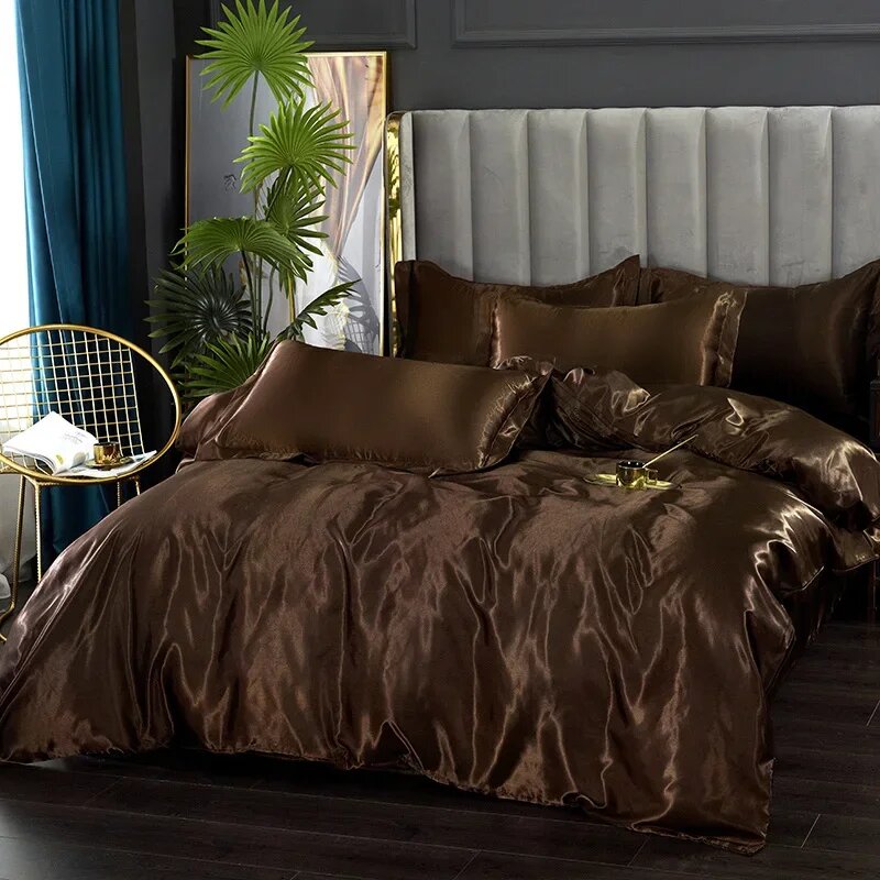 Комплект постельного белья из шелка Dark Brown Twin Size 4pcs