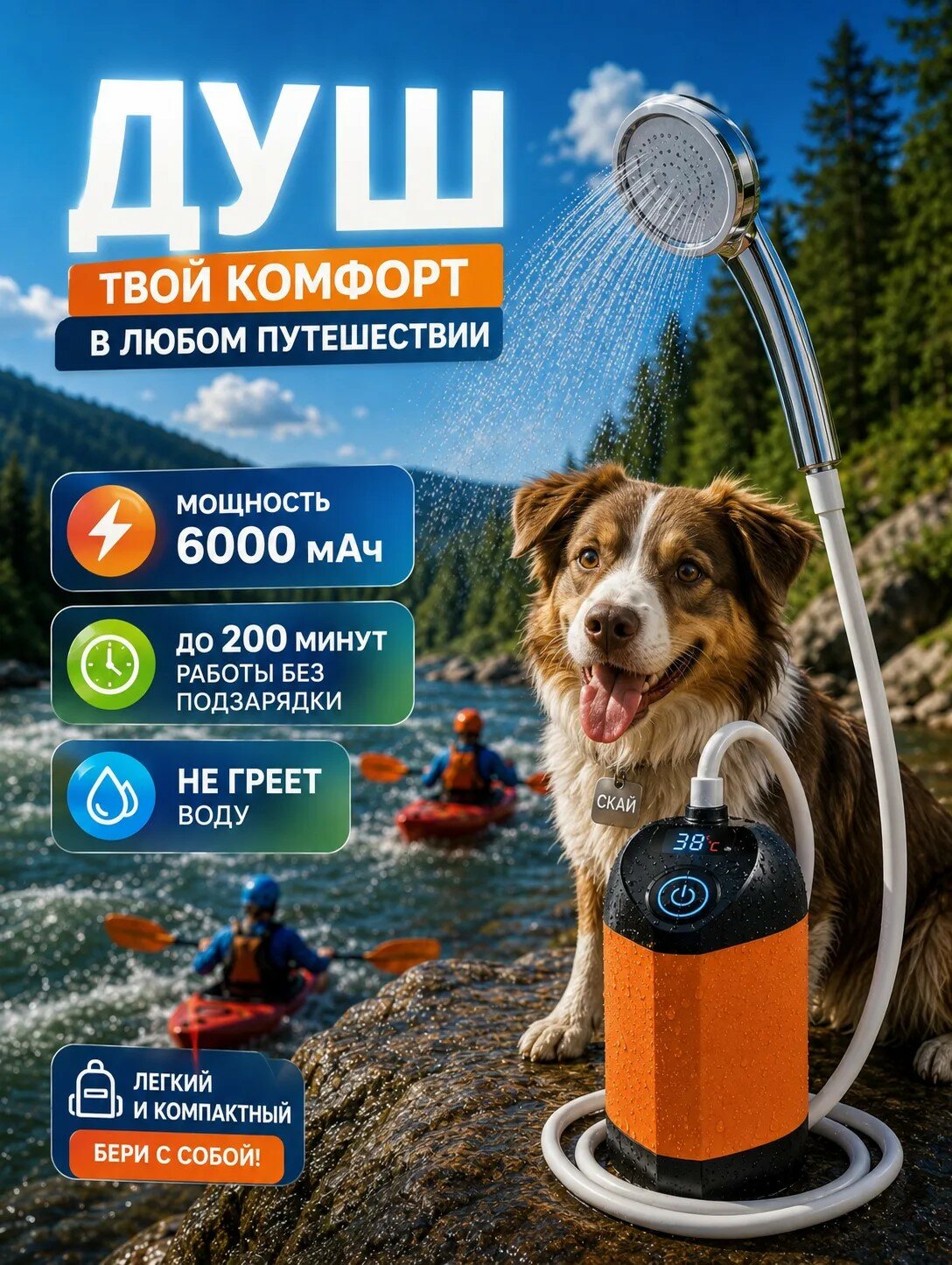 Летний походный душ аккумуляторный, портативный душ, туристический душ переносной для дачи