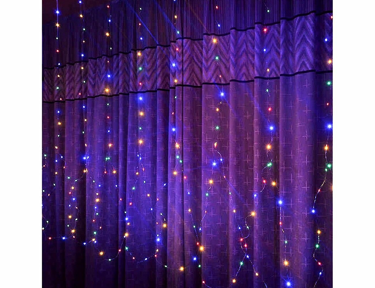 Светодиодная гирлянда на окно занавес - бриллиантовая роса, 3х3 м, 300 разноцветных мини LED-огней, серебряная проволока, контроллер, диммер, пульт дистанционного управления, IP20, Serpantin 725-0582