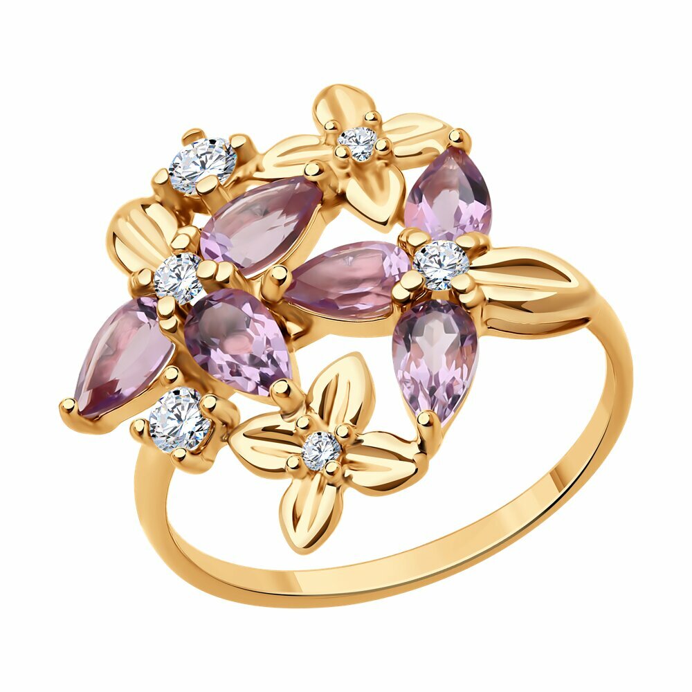 Кольцо Diamant, серебро, 925 проба, золочение, аметист, фианит