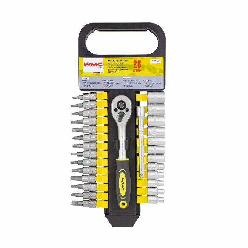 Набор головок и бит с трещоткой 28пр. 1/4'(4-13мм, Torx: T10,15,20,25,30, Hex:3-6мм, SL:4,5.5,7мм, PH1,2)