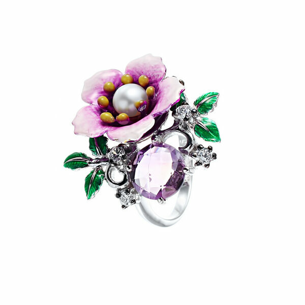 Кольцо, серебро, 925 проба, эмаль, фианит, жемчуг, аметист