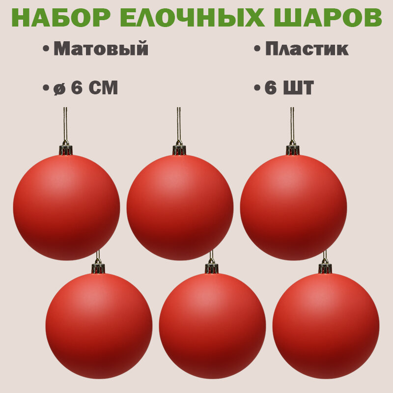 Набор новогодних шаров Merry Green, 6 штук, 6 см, пластик, красный матовый цвет