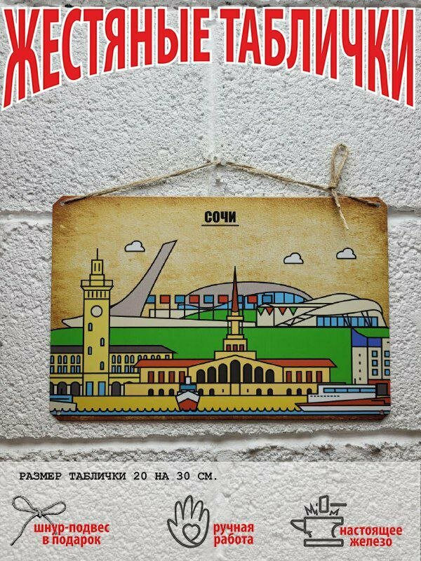 Табличка жестяная на стену Сочи город России 20 на 30 см. шнур-подвес в подарок