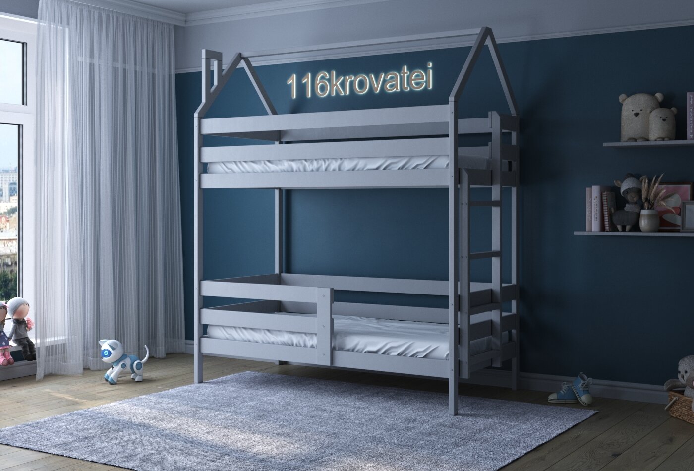 Двухъярусная кровать с лестницей с торца и крышей 180*80 серая